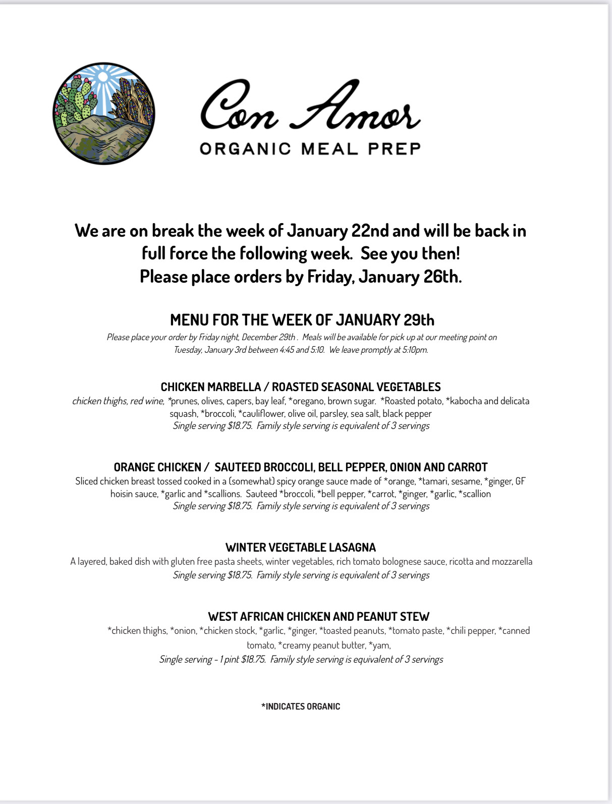 Weekly Meal Prep Menu | Con Amor Organic Meal Prep | Taos, NM